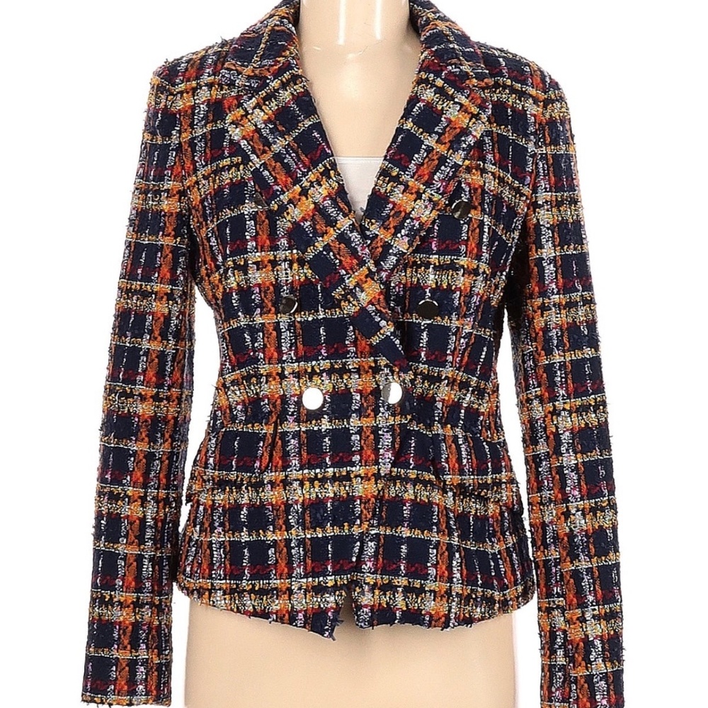 Navy Blue Multicolored Plaid Tweed Blazer Size 6 - Gem
